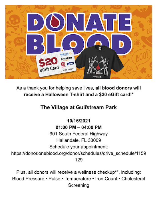 Gulfstream Park Village Partners with OneBlood to Host Monthly Blood ...